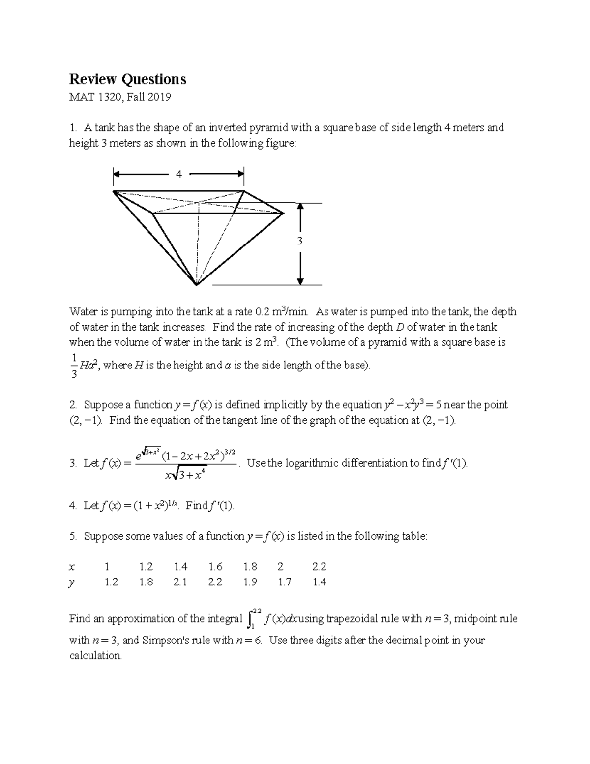 Review Questions - Summary Calculus I - Review Questions MAT 1320, Fall ...