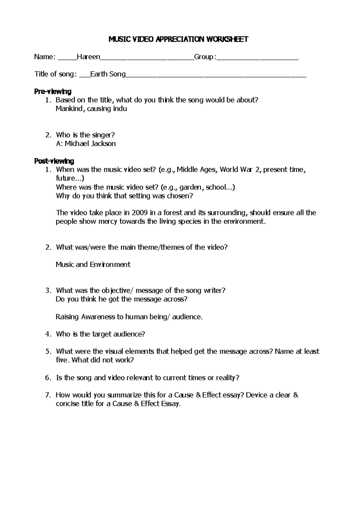 Music Video Appreciation Worksheet For Understanding - MUSIC VIDEO ...