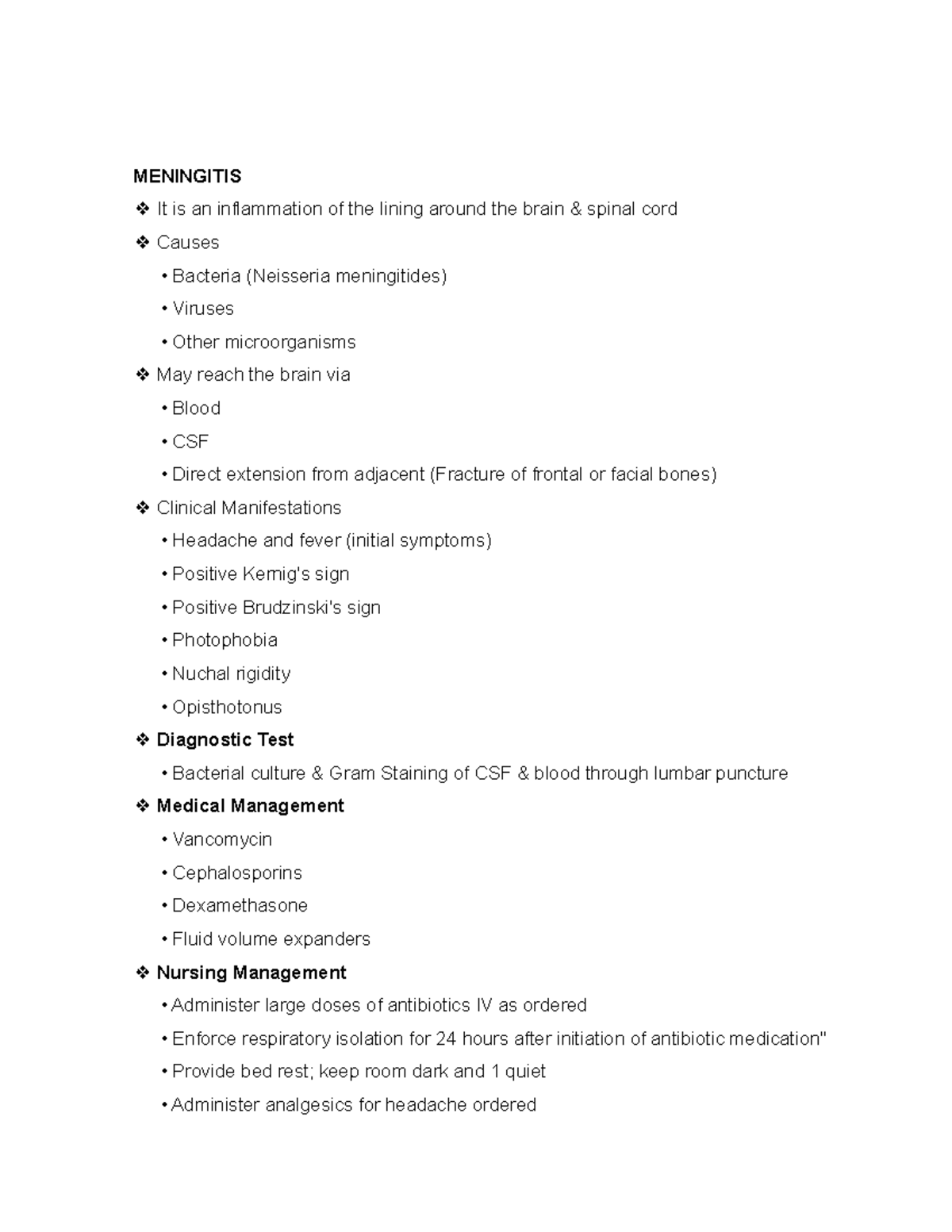 Meningitis - notes - MENINGITIS It is an inflammation of the lining ...