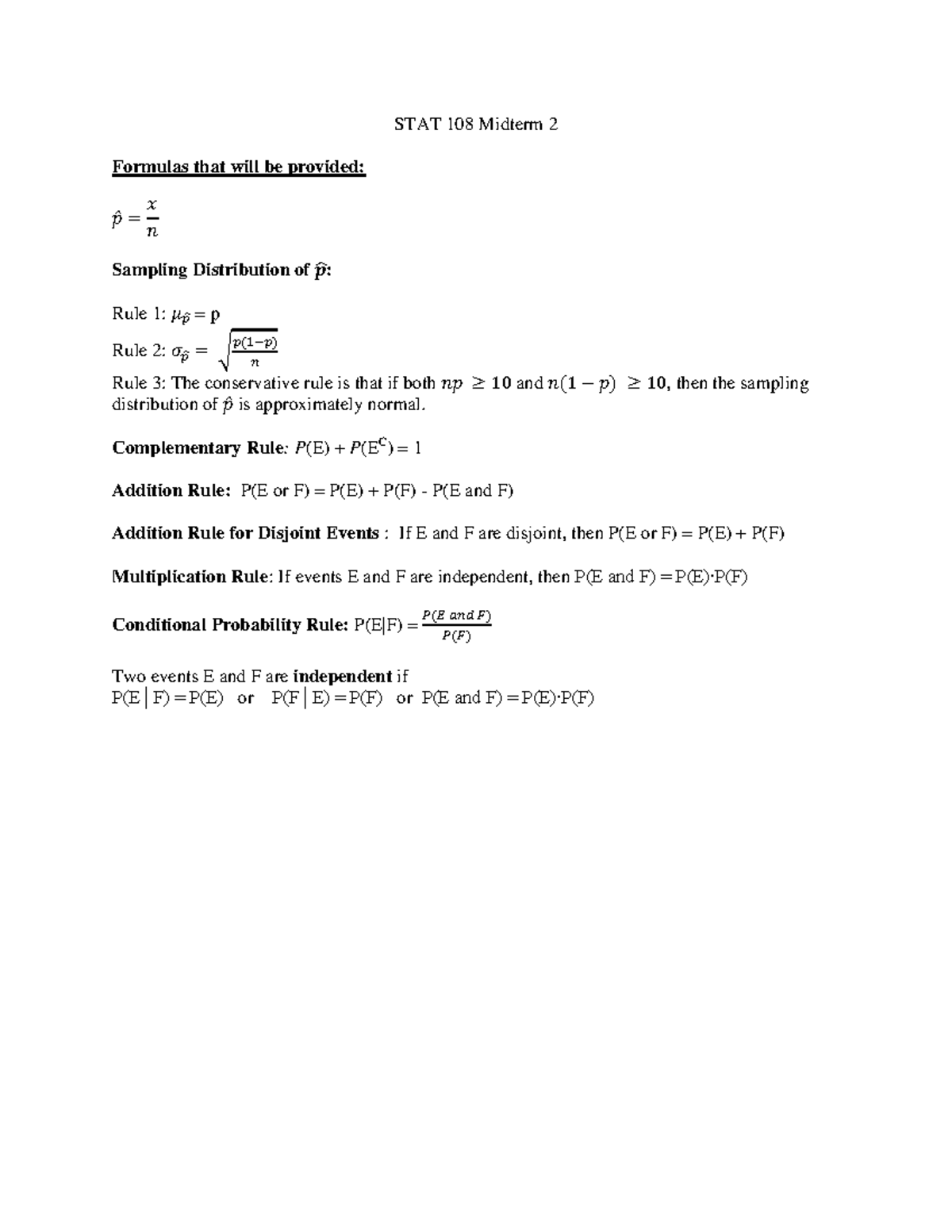Exam+2+Formulas+and+Topics - STAT 108 Midterm 2 Formulas that will be ...