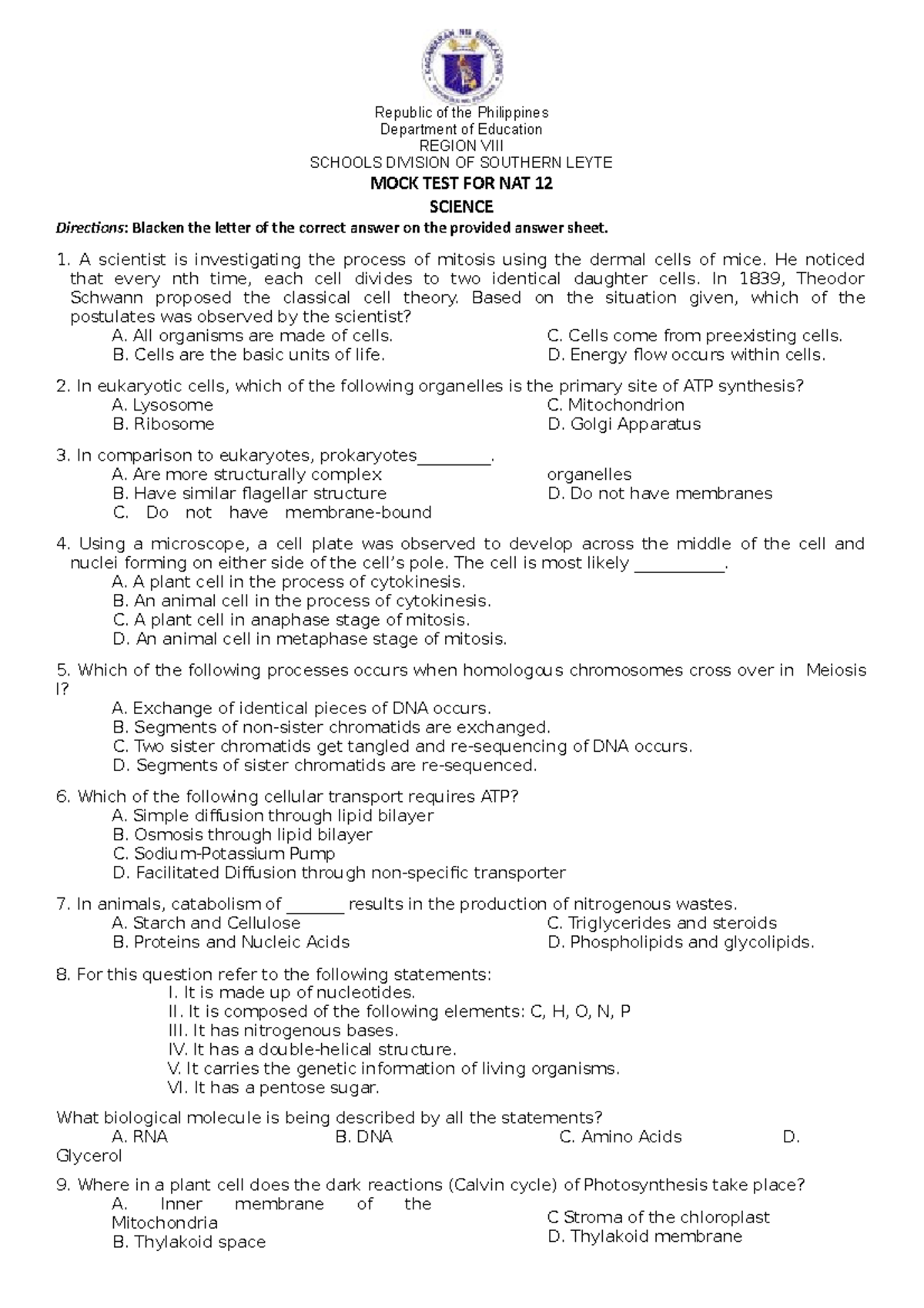 Science-MOCK TEST - Science-MOCK TEST - Republic of the Philippines ...
