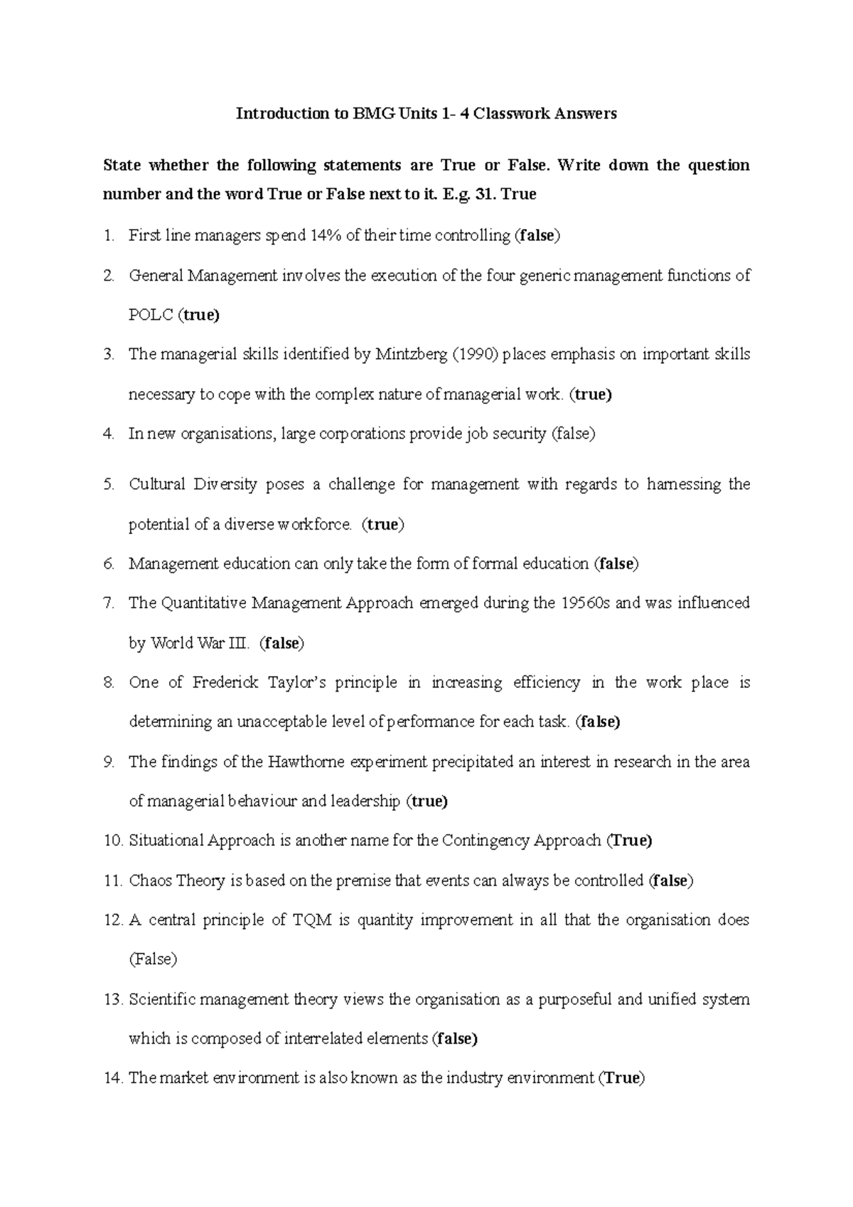 Intro to BMG Units 1 - 4 classwork answers - Introduction to BMG Units 1- 4 Classwork Answers ...