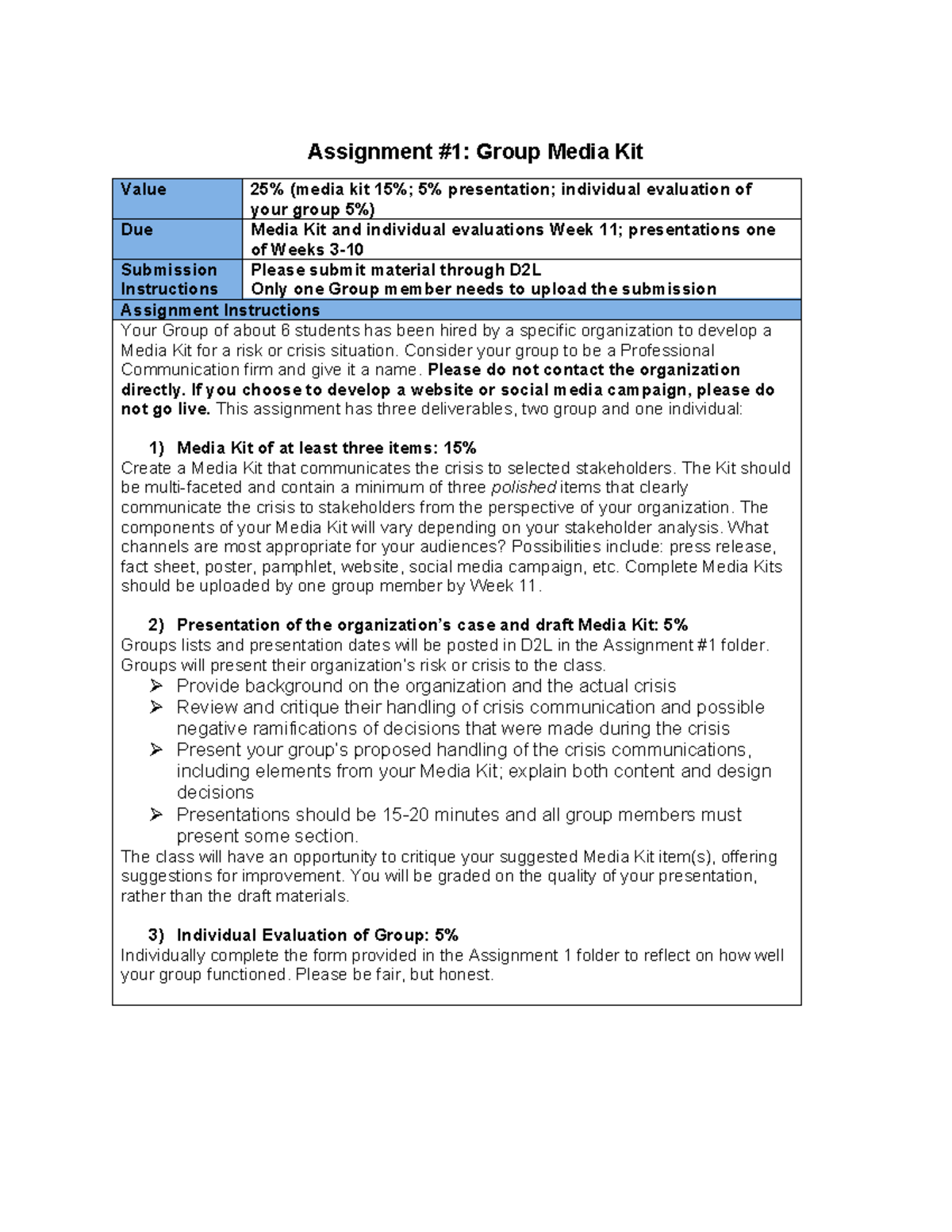 Assmt 1 Media Kit - Assignment #1: Group Media Kit Value 25% (media kit ...