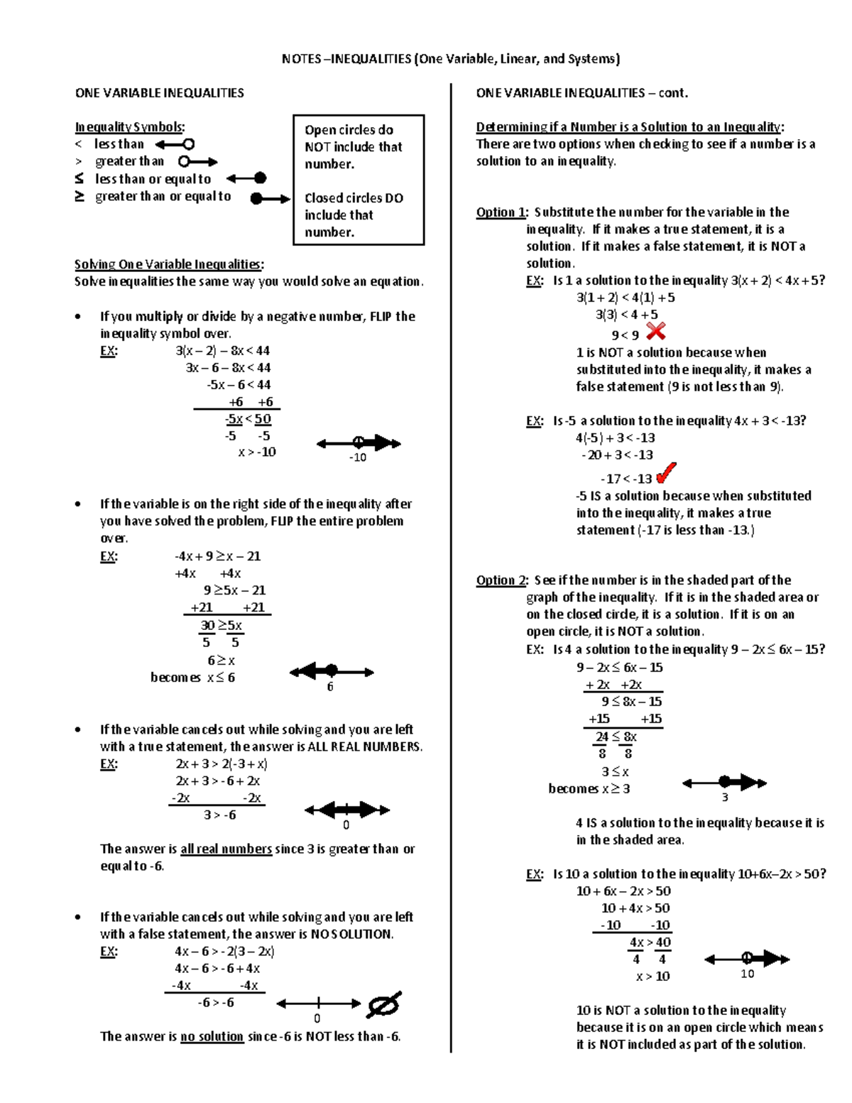 Inequality notes - NOTES – INEQUALITIES (One Variable, Linear, and ...