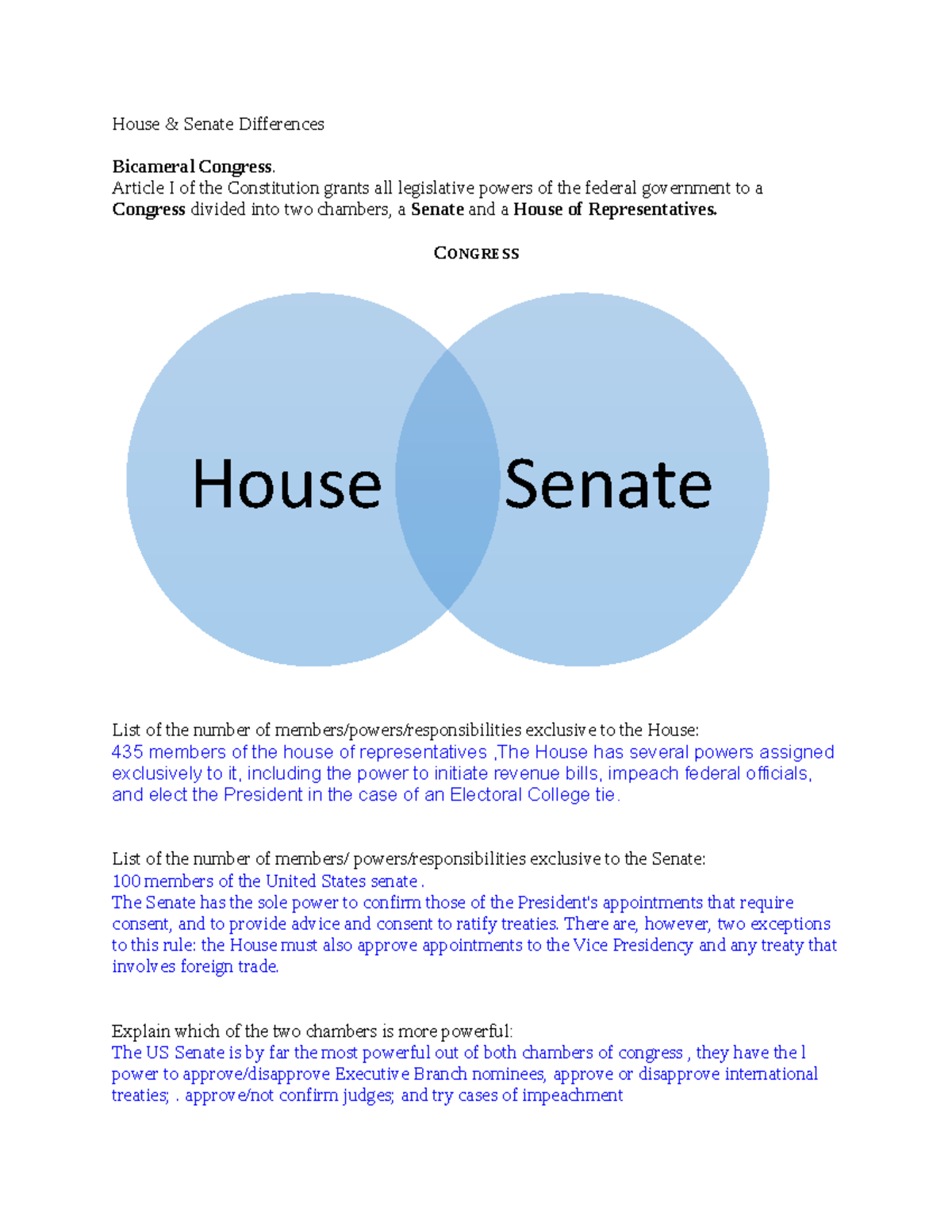 Copy of 1-House v Senate - House & Senate Differences Bicameral ...
