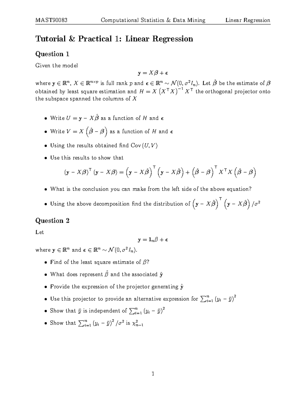 Tutorial 1 - MAST90083 Computational Statistics Data Mining Linear Regression Tutorial Practical ...
