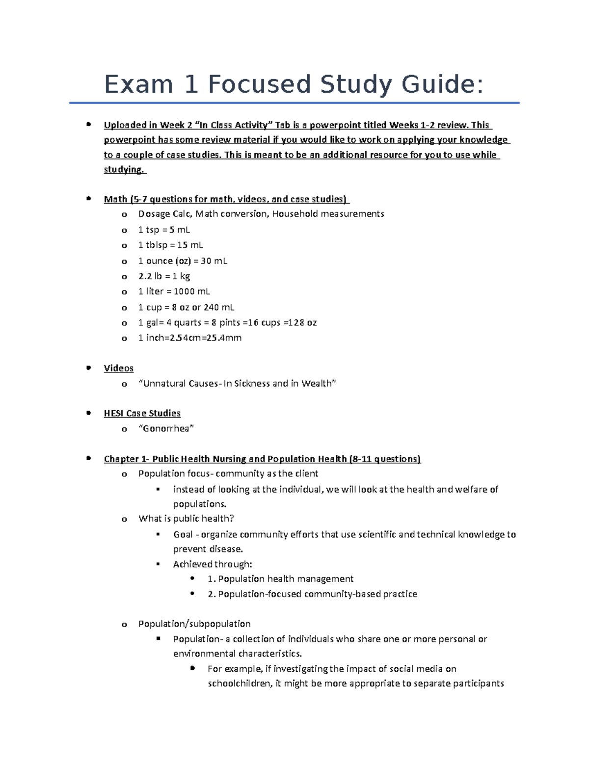 Exam 1 focused study guide - Exam 1 Focused Study Guide: Uploaded in ...