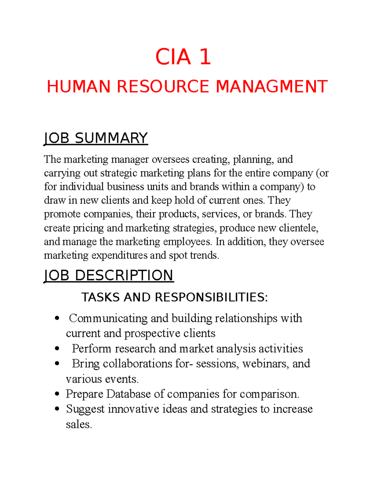 HRM CIA 1 - THIS IS THE CIA 1 - CIA 1 HUMAN RESOURCE MANAGMENT JOB ...
