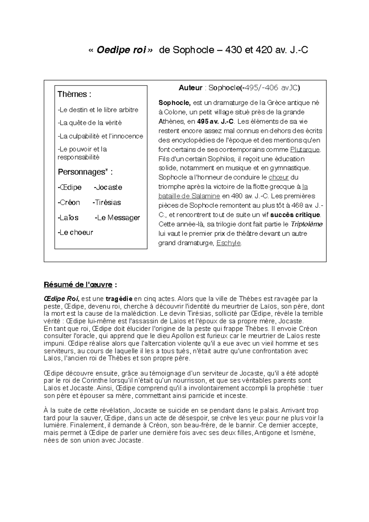 Oedipe roi- Sophocle - Résumé Œdipe roi - « Oedipe roi » de Sophocle ...
