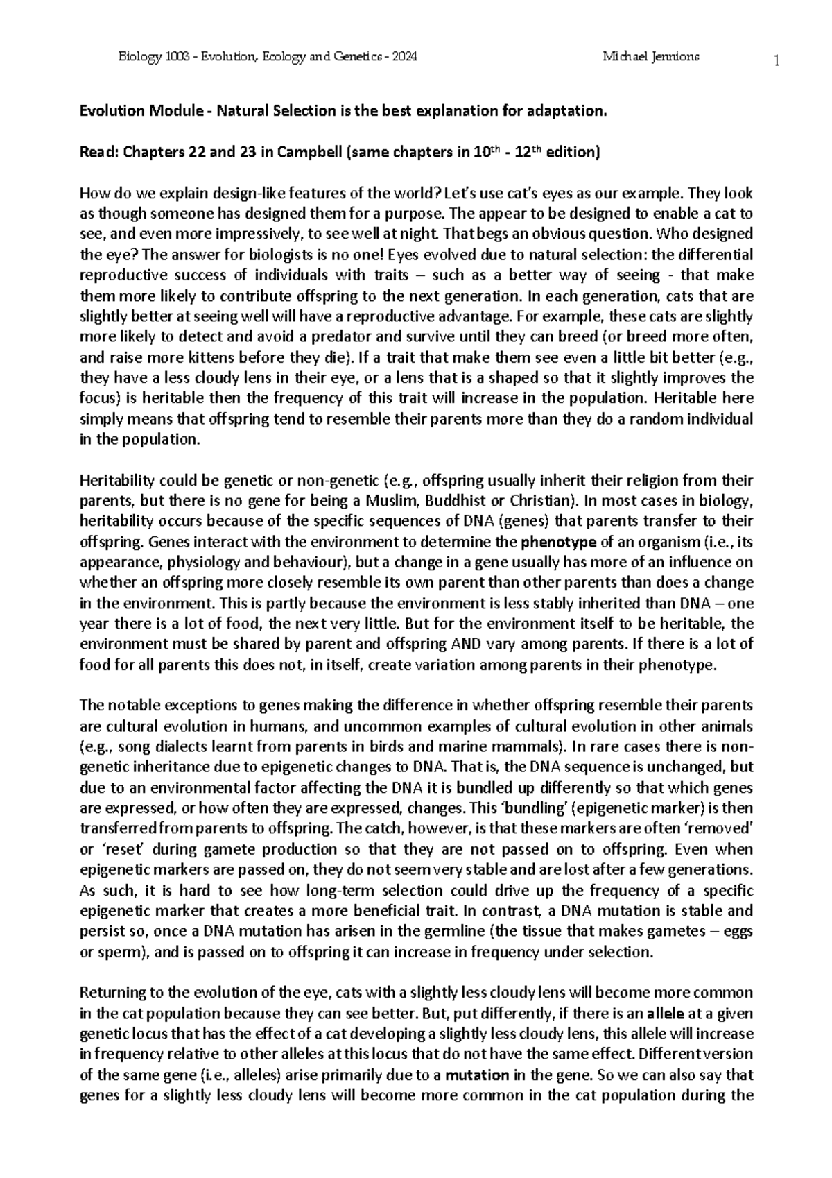 Handout 1 - Evolution by Natural Selection (2024) - Evolution Module - Natural Selection is the ...