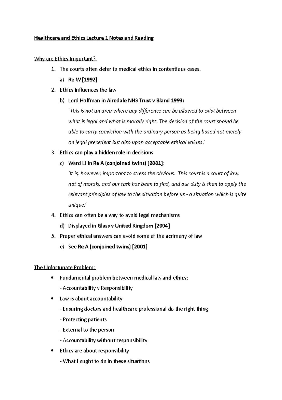 Healthcare and Ethics Lecture 1 Notes and Reading - The courts often ...