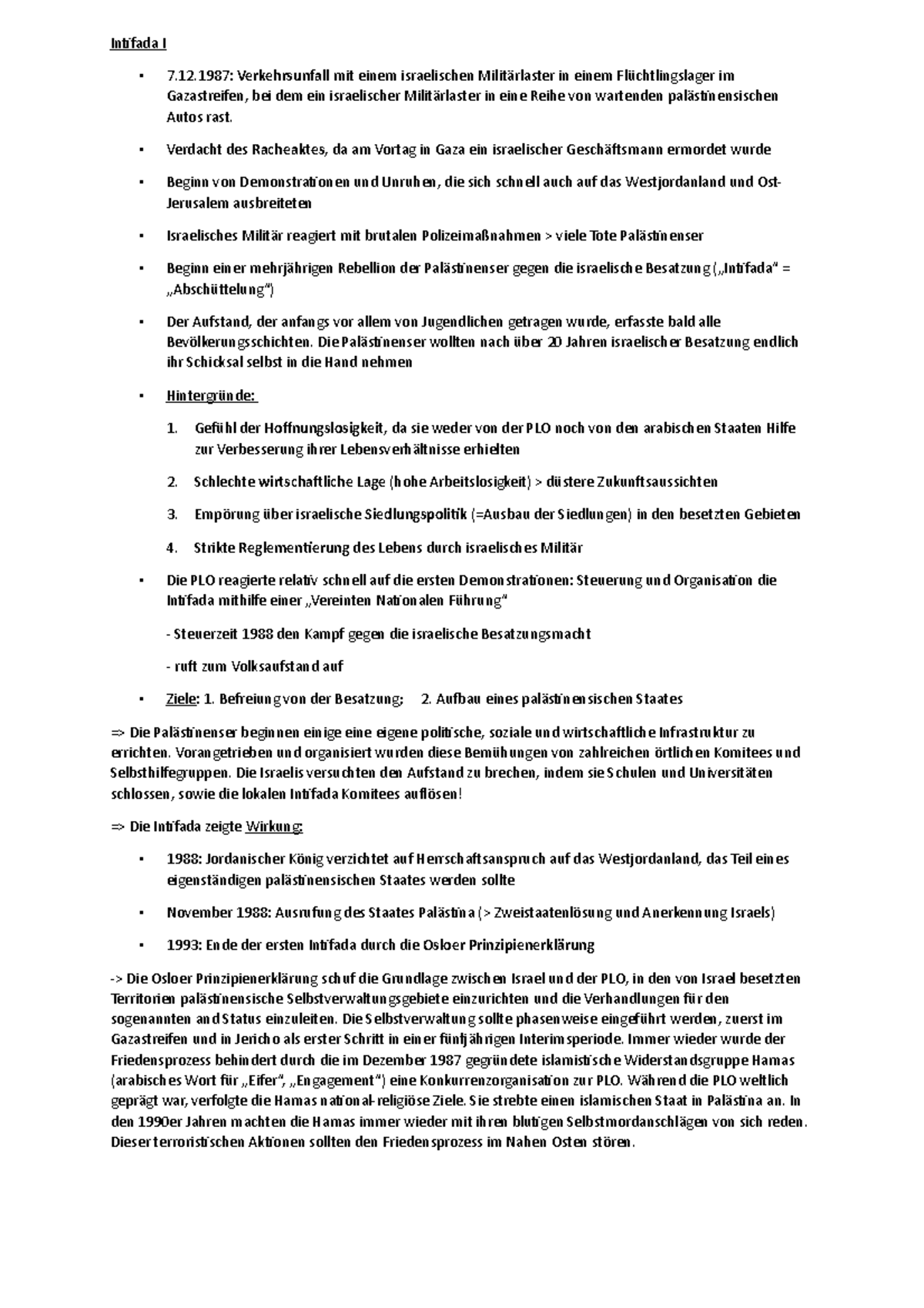 Chronologischer Ablauf der Erste Intifada 1 (Aufstand der Palästinenser ...