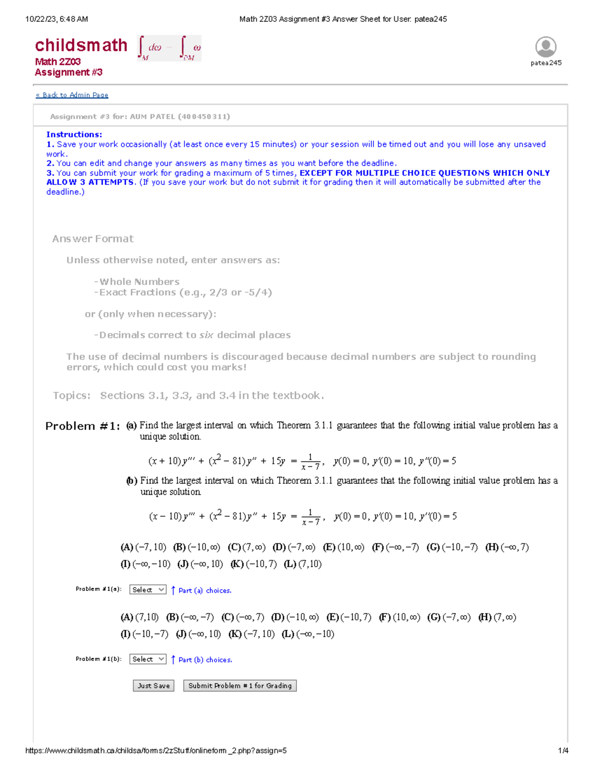 Math 2Z03 Assignment #3 Answer Sheet for User patea 245 - childsmath ...