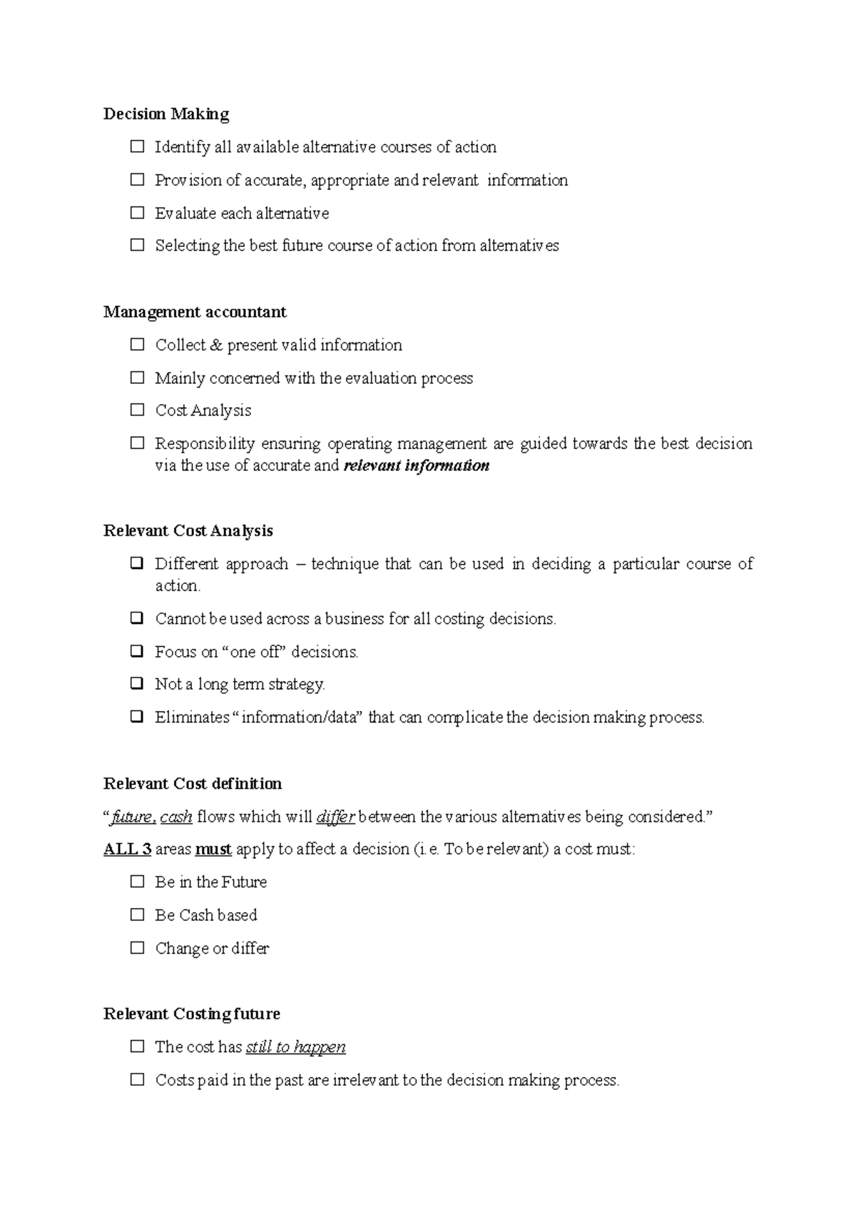 Relevant costing process - Decision Making Identify all available ...