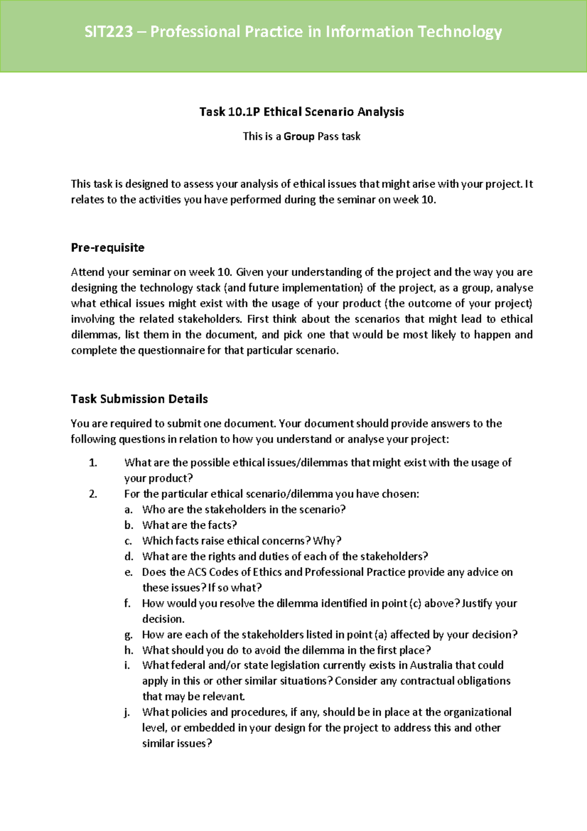 SIT223-10 - SIT223 – Professional Practice in Information Technology ...