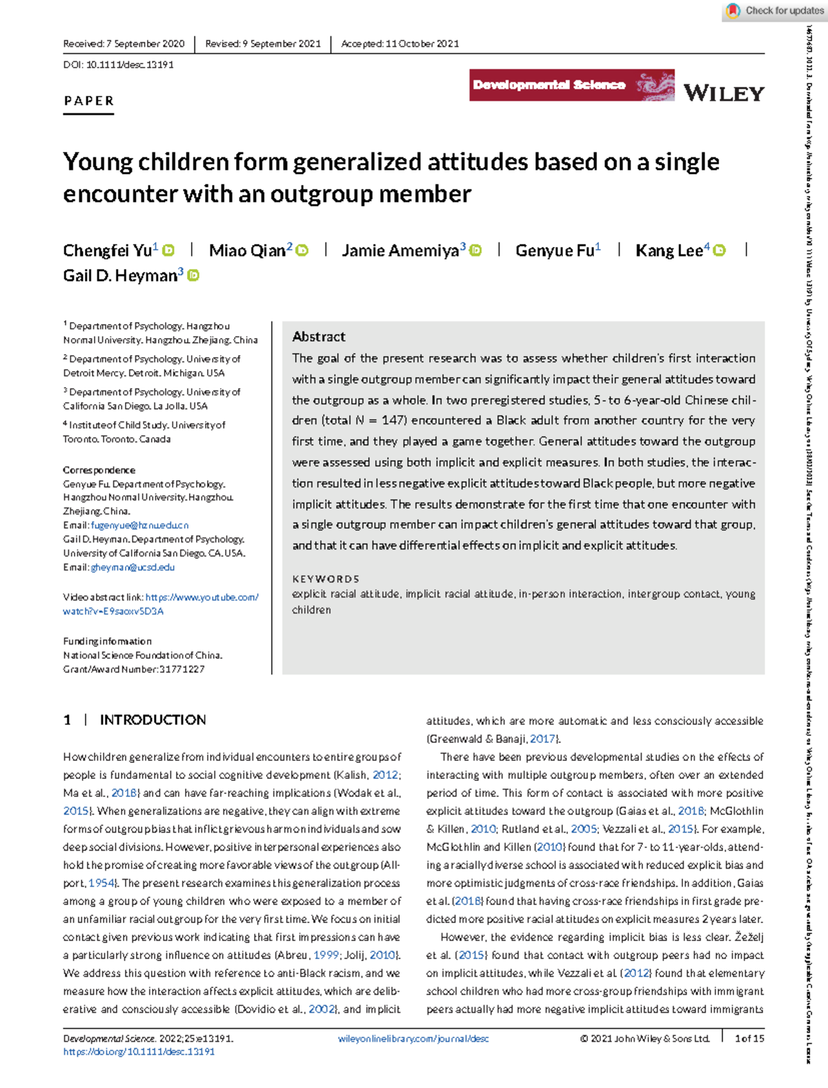 Developmental Science - 2021 - Yu - Young children form generalized attitudes based on a single ...
