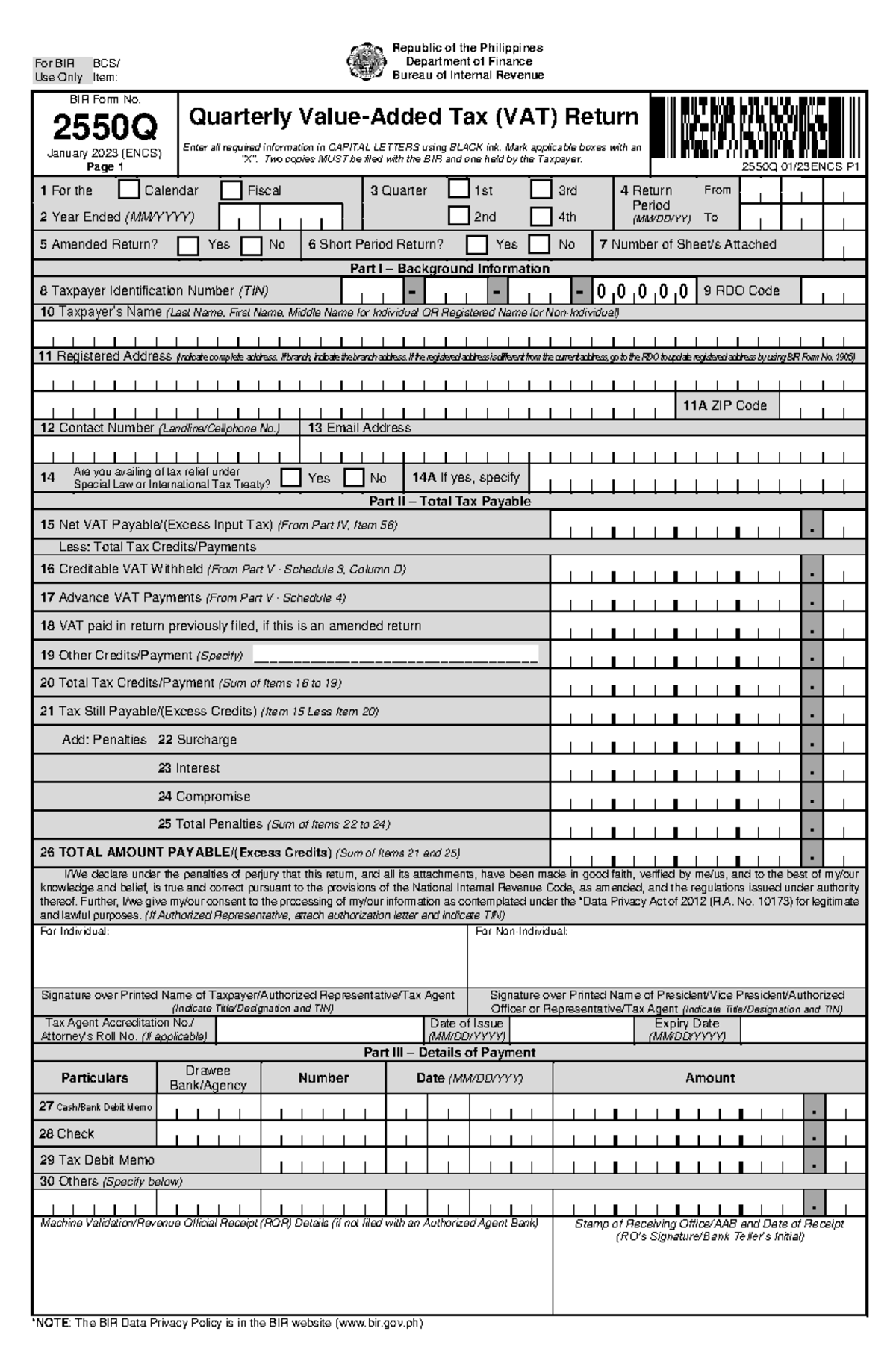 2550Q January 2023ENCS Final - BIR Form No. 2550 Q January 2023 (ENCS) Page 1 Quarterly Value ...