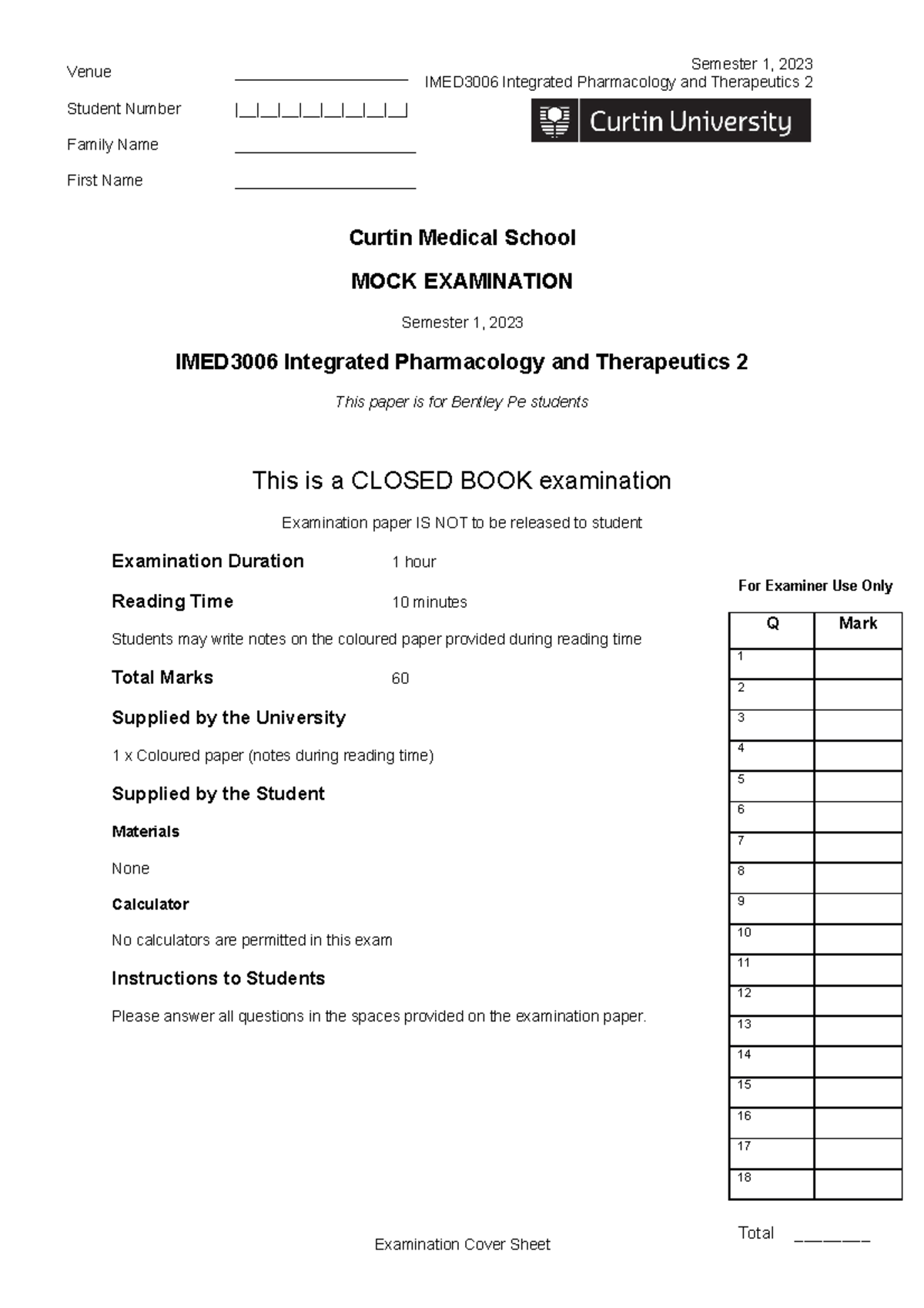 Mock Exam Integrated Pharmacology and Therapeutics Student Copy ...