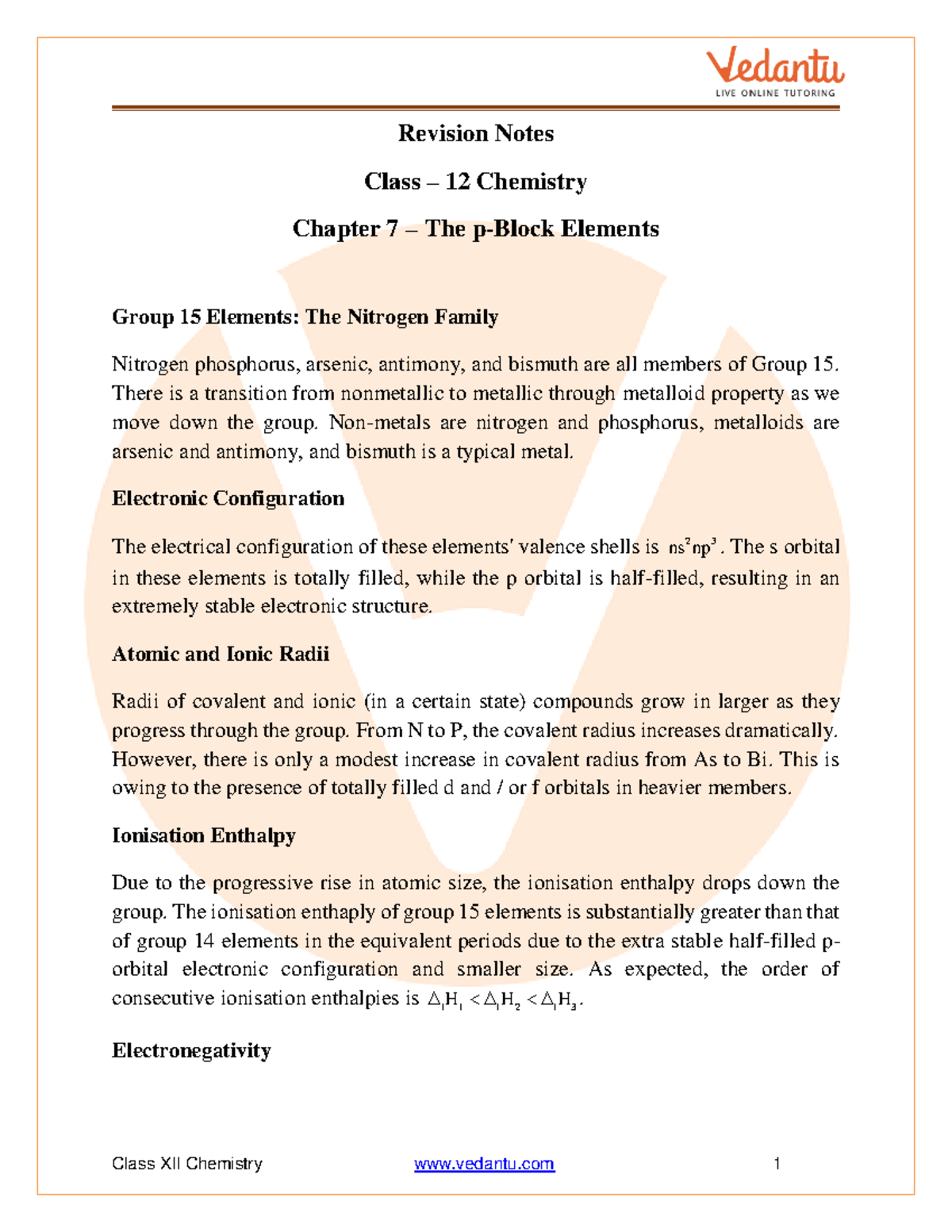 Class 12 Chemistry Revision Notes The p-Block Elements - Revision Notes ...