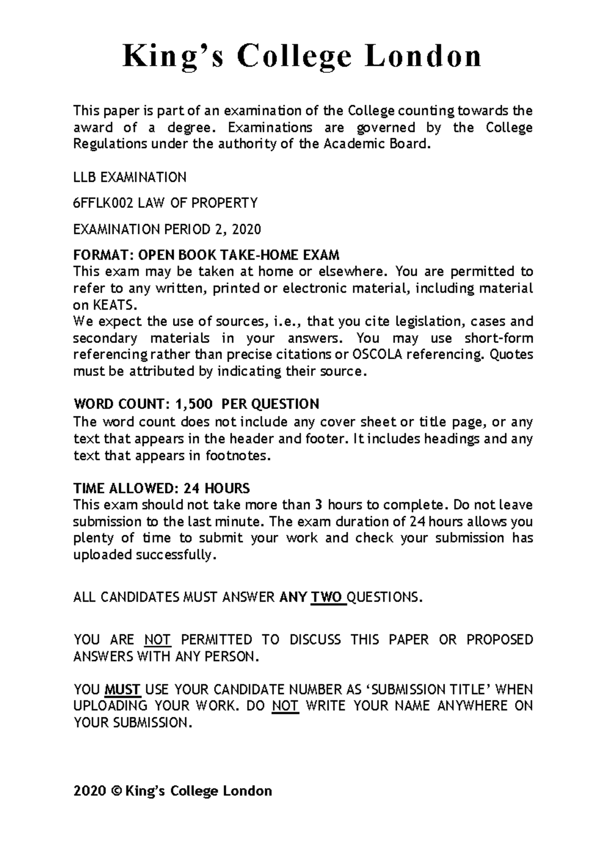 Property Past Paper 2020 - King’s College London This paper is part of ...