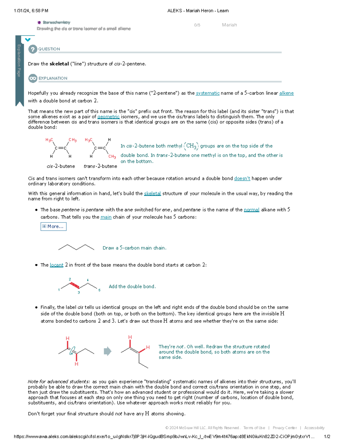 Aleks - Drawing the cis or trans isomer of a small alkene - 1/31/24, 6 ...