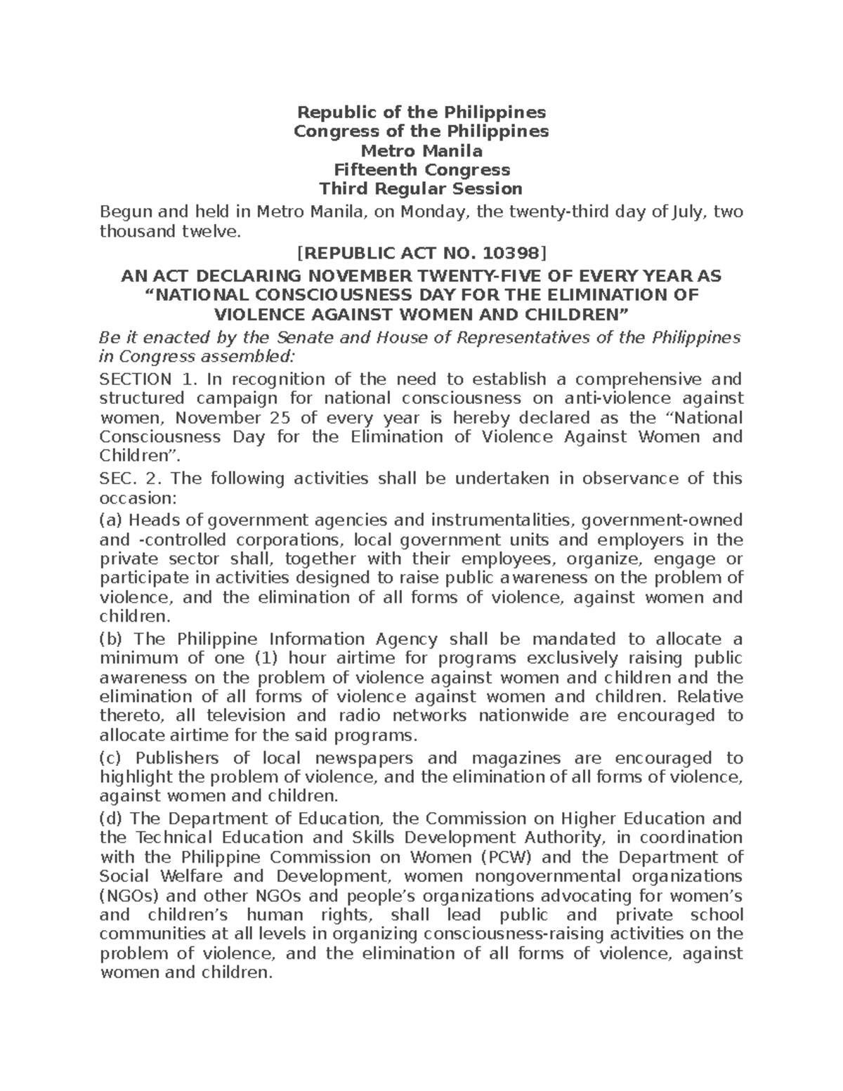 RA 10398 about gender laws - Republic of the Philippines Congress of ...