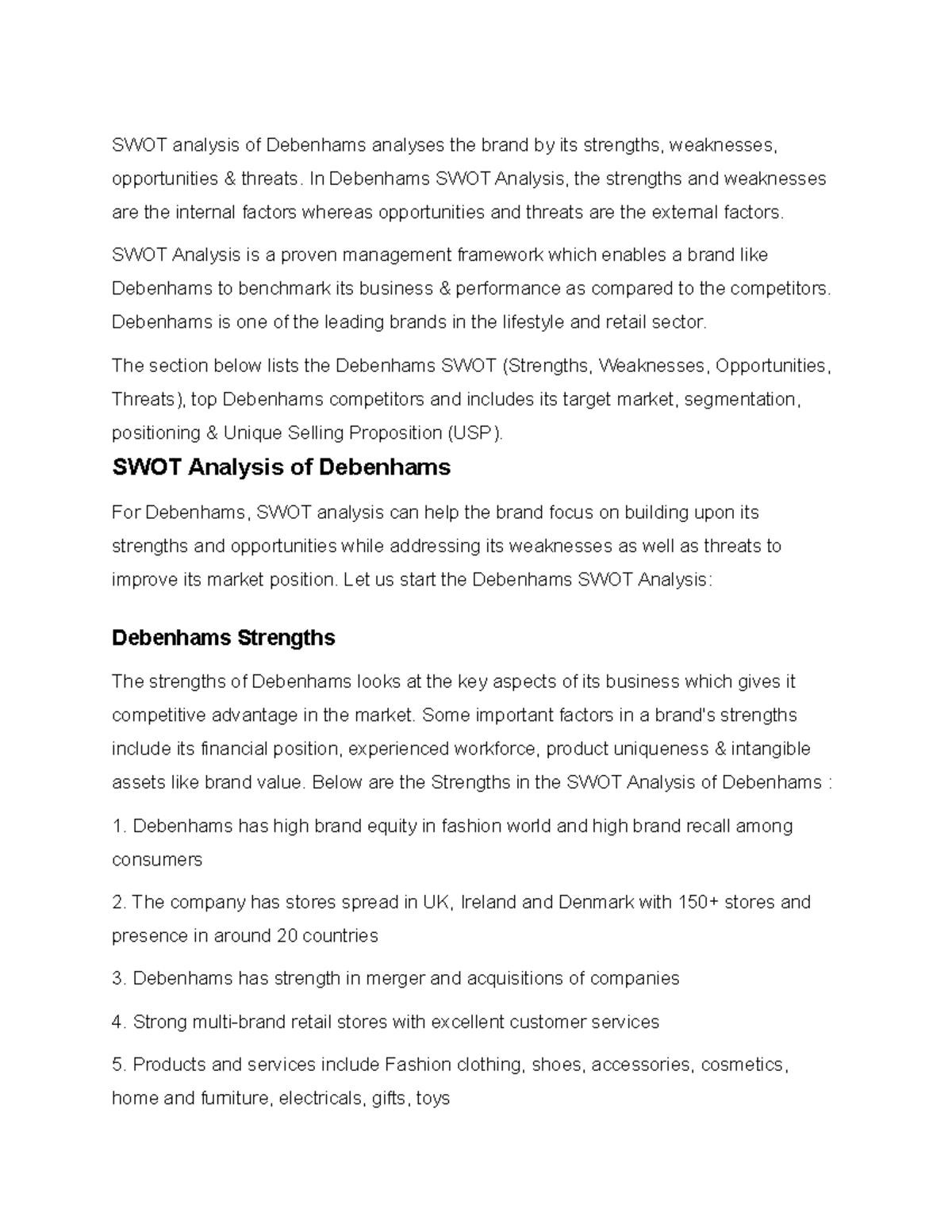 Swo - lecture notes - SWOT analysis of Debenhams analyses the brand by ...