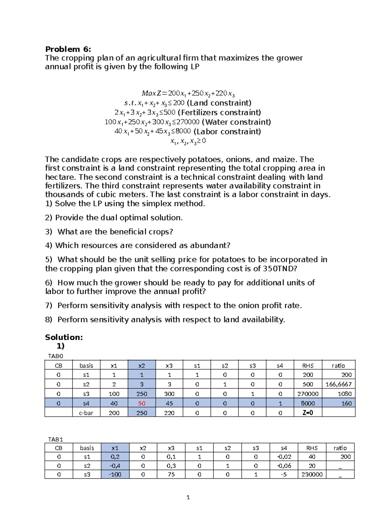 Problem-6 solution sensitivity - Problem 6: The cropping plan of an ...