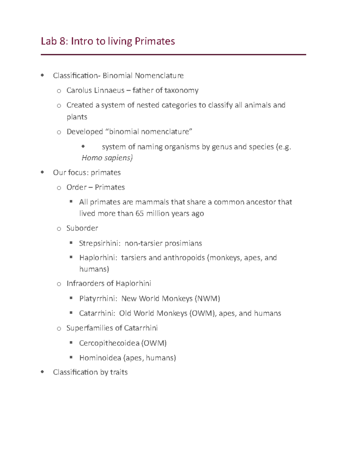 Lab 8-Intro to Living Primates - Lab 8: Intro to living Primates ...