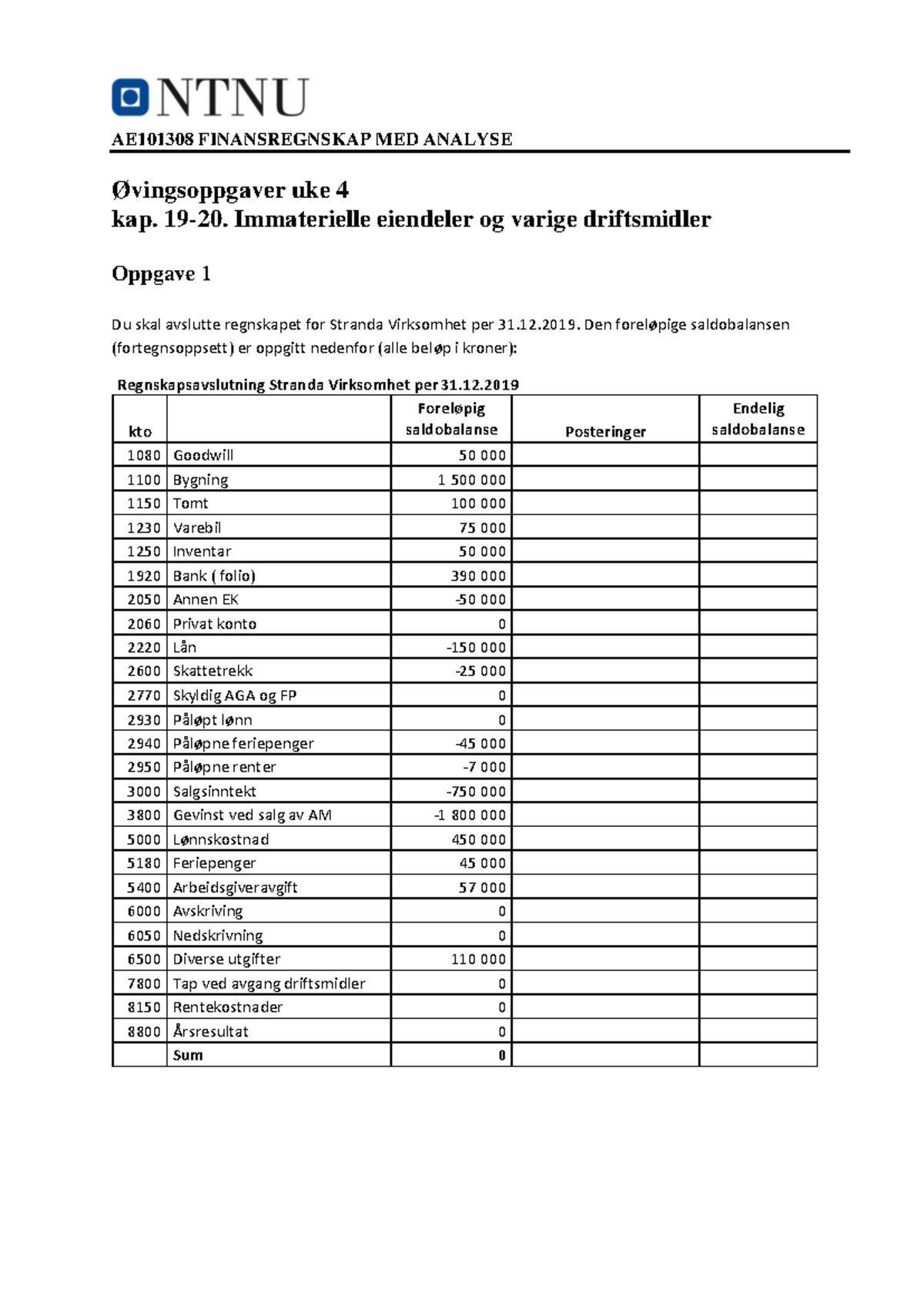 Øvingsoppgaver med LF uke 4 - AE101308 FINANSREGNSKAP MED ANALYSE Du ...