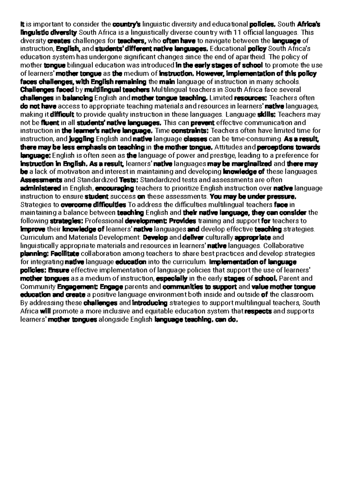English essay - It is important to consider the country's linguistic ...