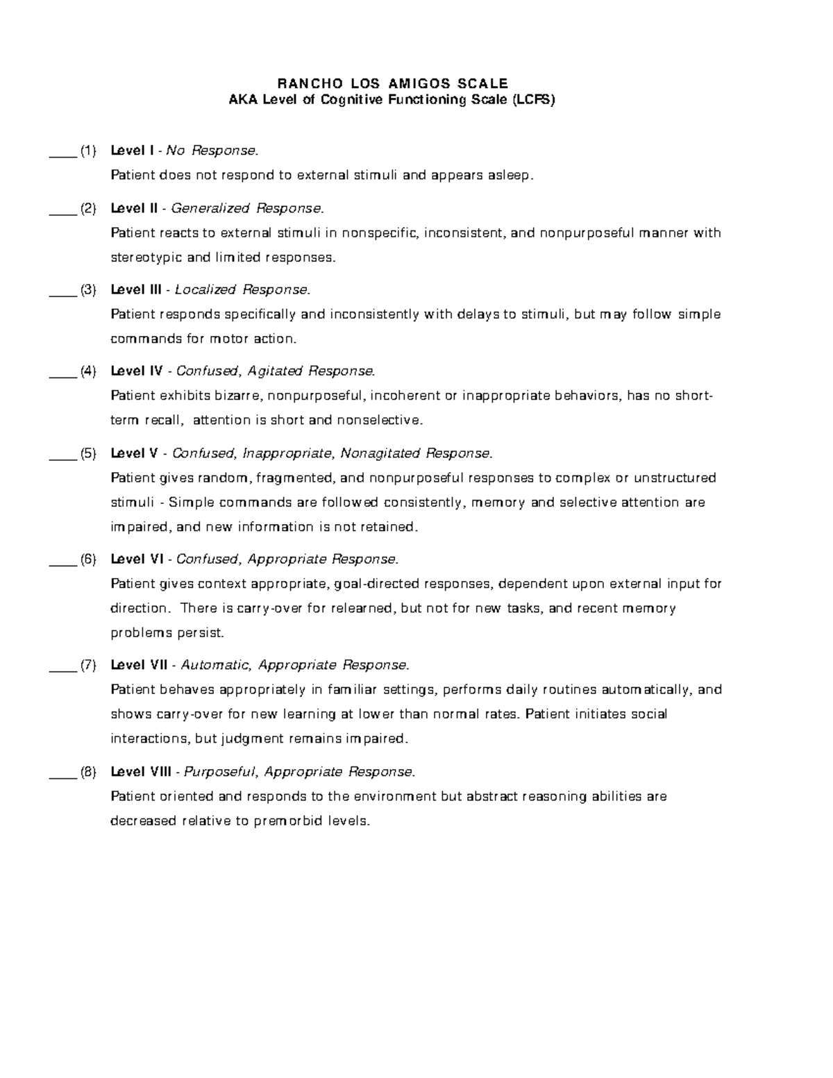 test Rancho de los amigos (inglés) - RANCHO LOS AMIGOS SCALE AKA Level ...