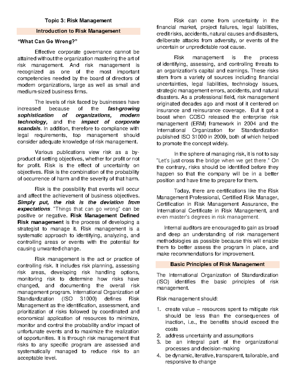 Germic-Risk-Management - Topic 3: Risk Management Introduction to Risk ...