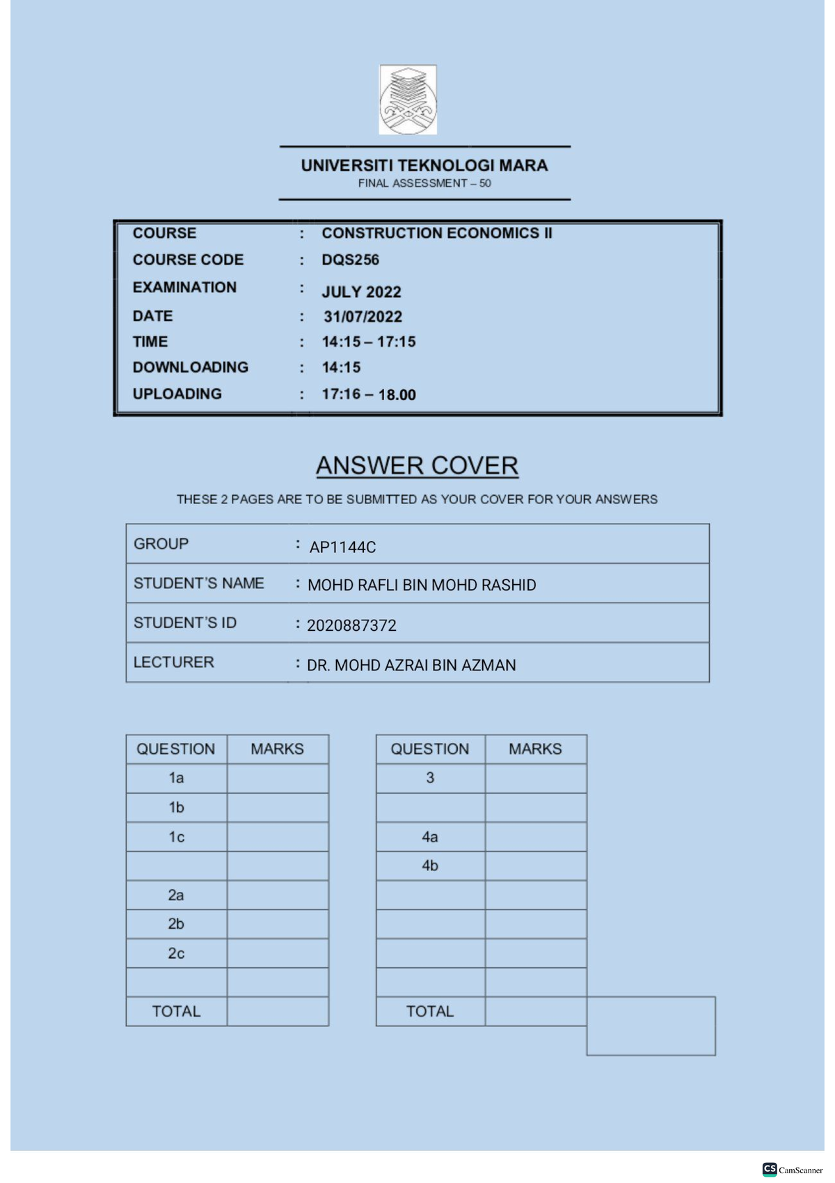 MOHD Rafli AP114 4C DQS256 - Quantity Surveying - Studocu