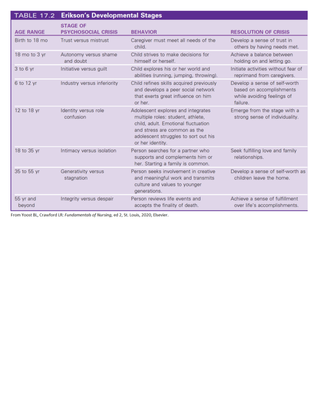 Erickson's stages - Summary Potter & Perry's Fundamentals of Nursing ...