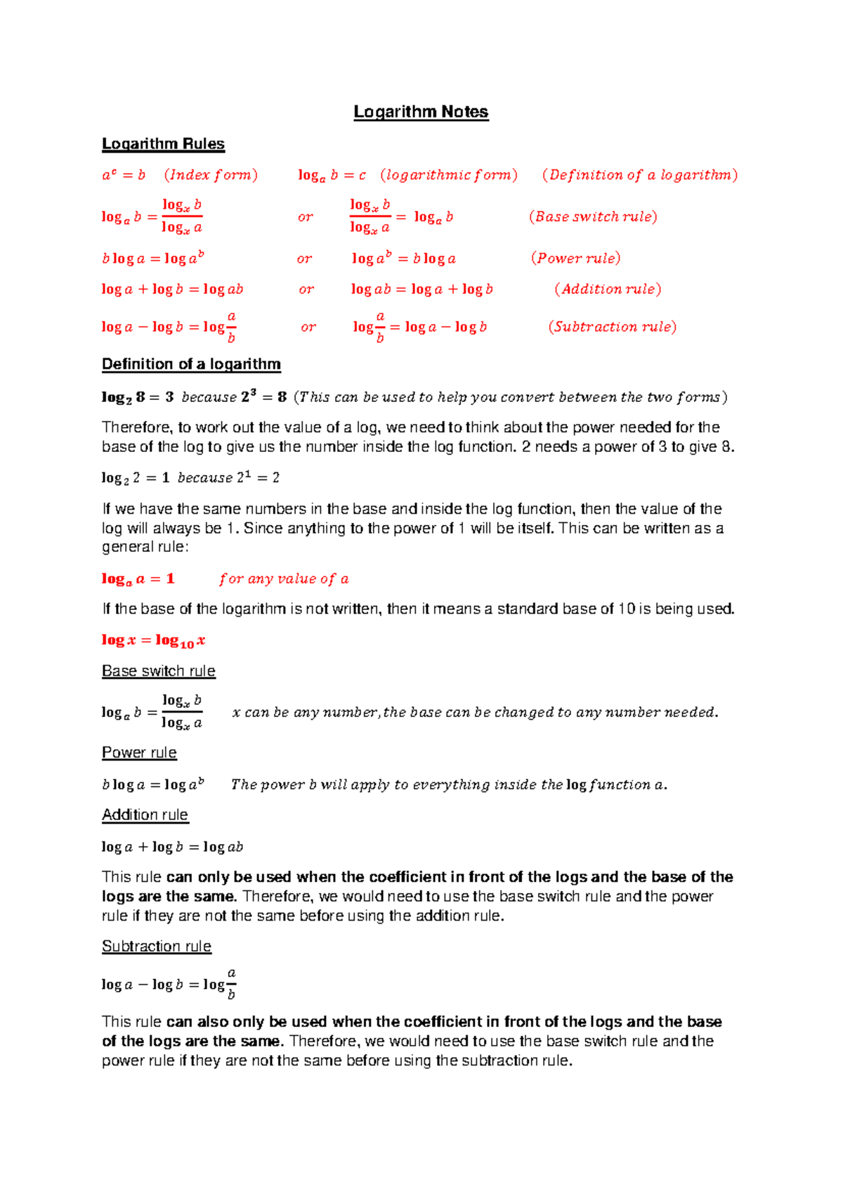 Log notes - Summary Economic - Logarithm Notes Logarithm Rules 𝑎 𝑐 = 𝑏 ...