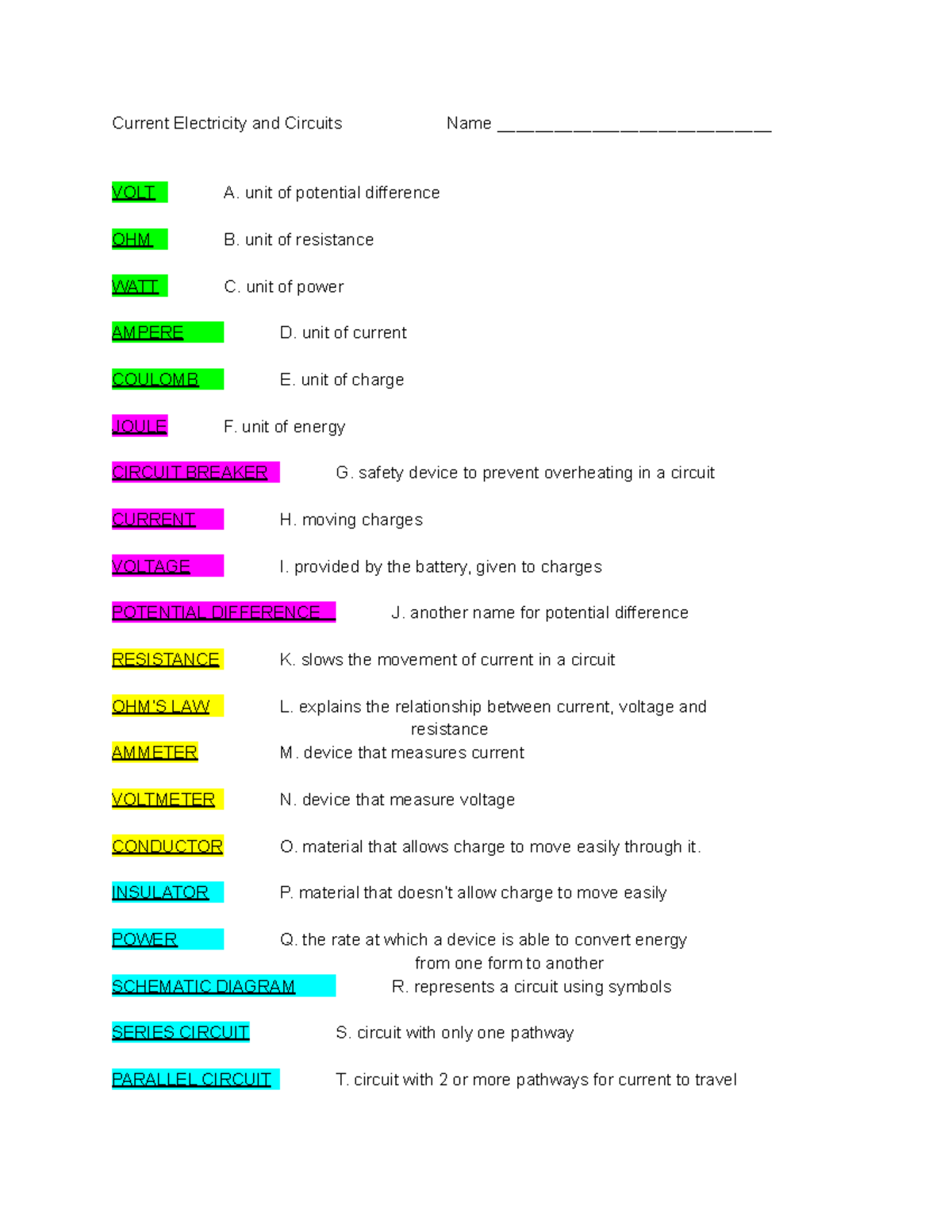 Current Electricity Vocabulary - Current Electricity and Circuits Name