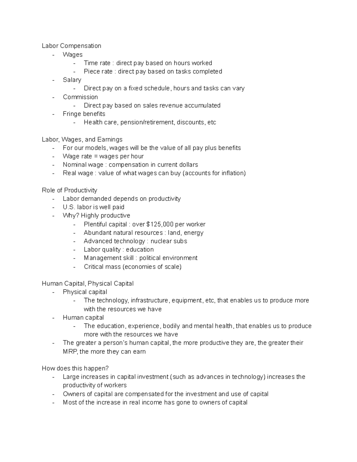 ECON102 Wages and Labor Market notes - Labor Compensation - Wages ...