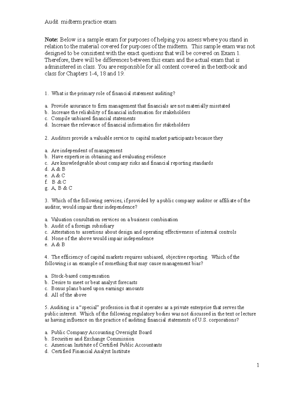 Audit practice exam 1 - 2022 - Note: Below is a sample exam for ...