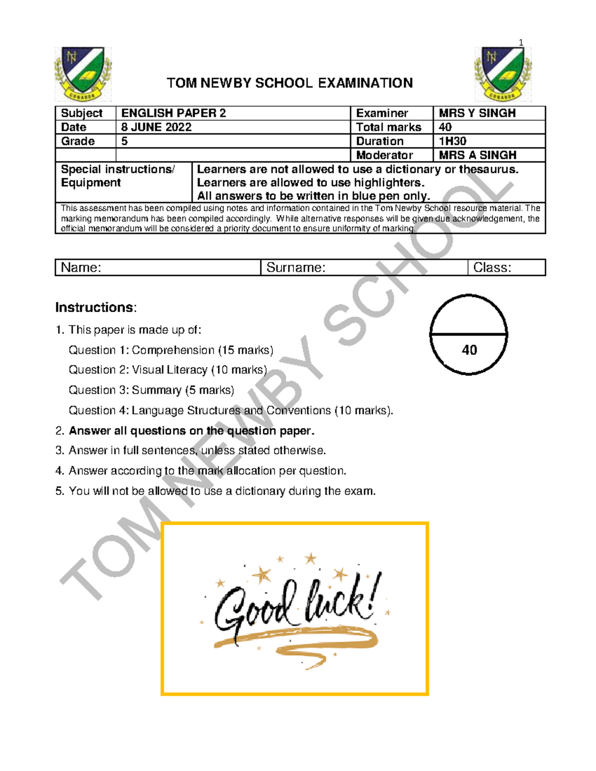 GR5 ENG JUNE 2022 - Test papers en answers for grade 5 - TOM NEWBY ...