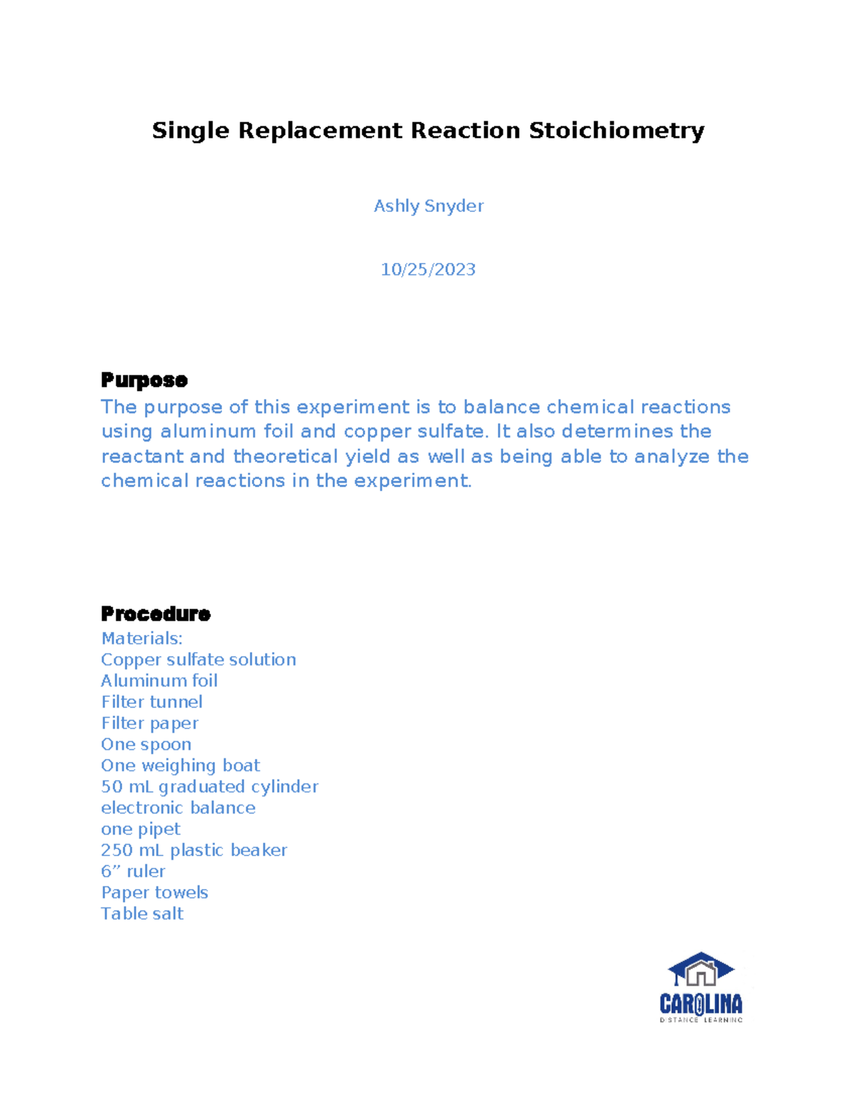 ASnyder M5 Lab 2-Single Replacement Reaction Stoichiometry Lab Report ...
