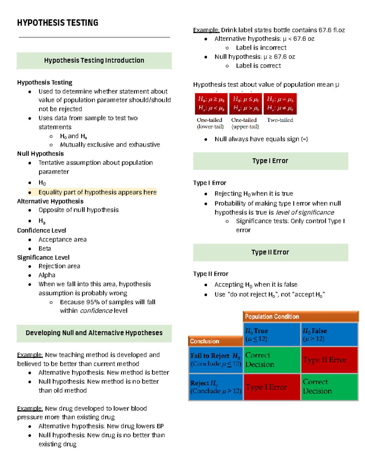 OPRE 3360 Chapter 9 Notes - HYPOTHESIS TESTING Hypothesis Testing ...