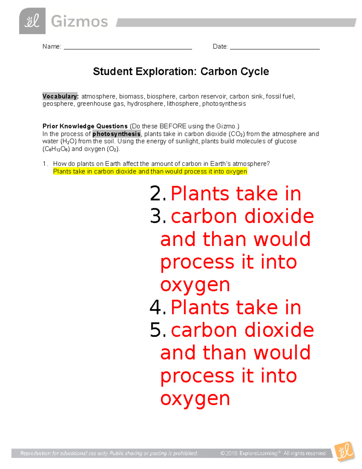 Carbon Cycle SE - Biology gizmos - Name: Date: Student Exploration ...