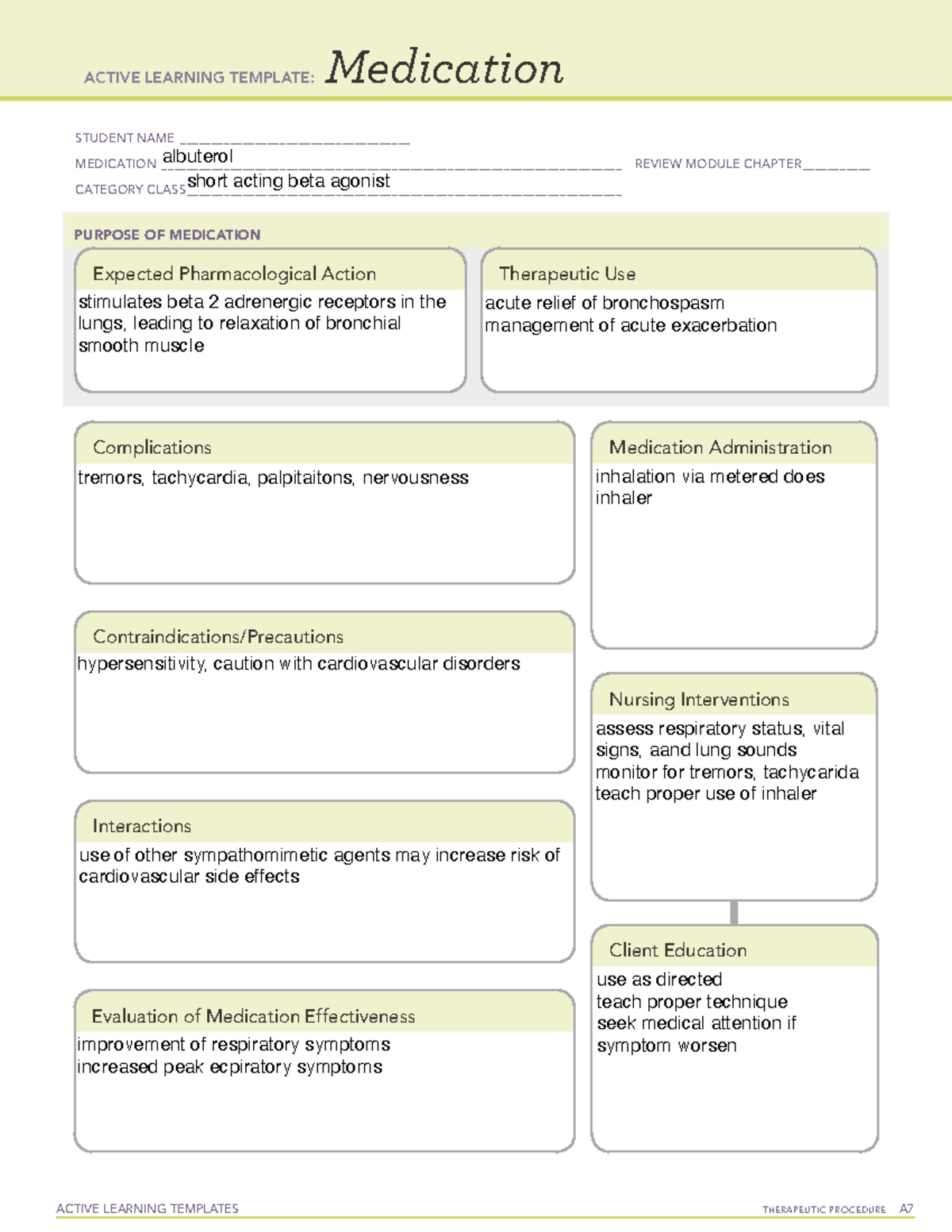 Albuterol - drug card - ACTIVE LEARNING TEMPLATES TherapeuTic procedure ...