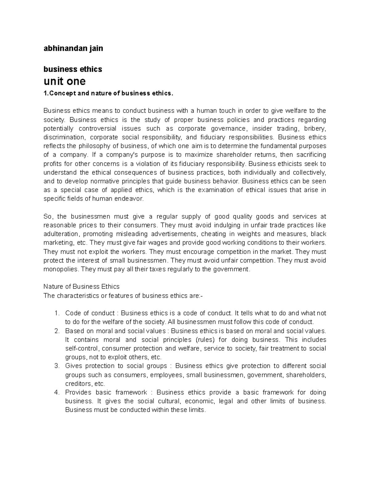 Business Ethics - abhinandan jain business ethics unit one 1 and nature ...