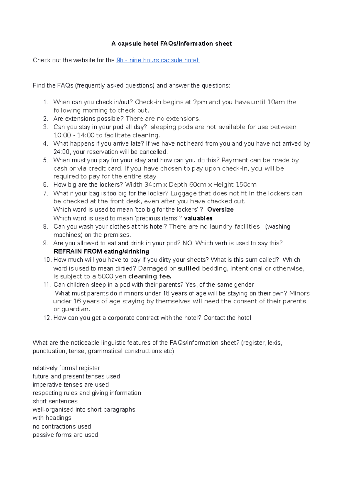 Information sheet FAQs worksheet - A capsule hotel FAQs/information ...