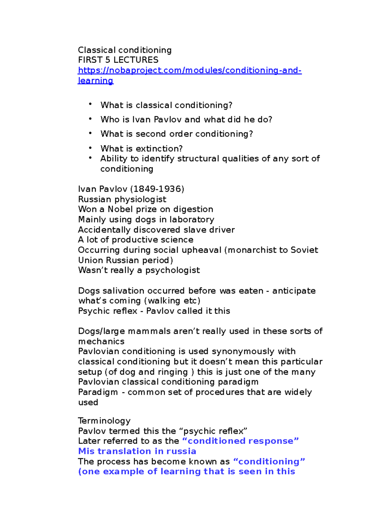 PSYC1002 Intro to Conditioning - Classical conditioning FIRST 5 ...