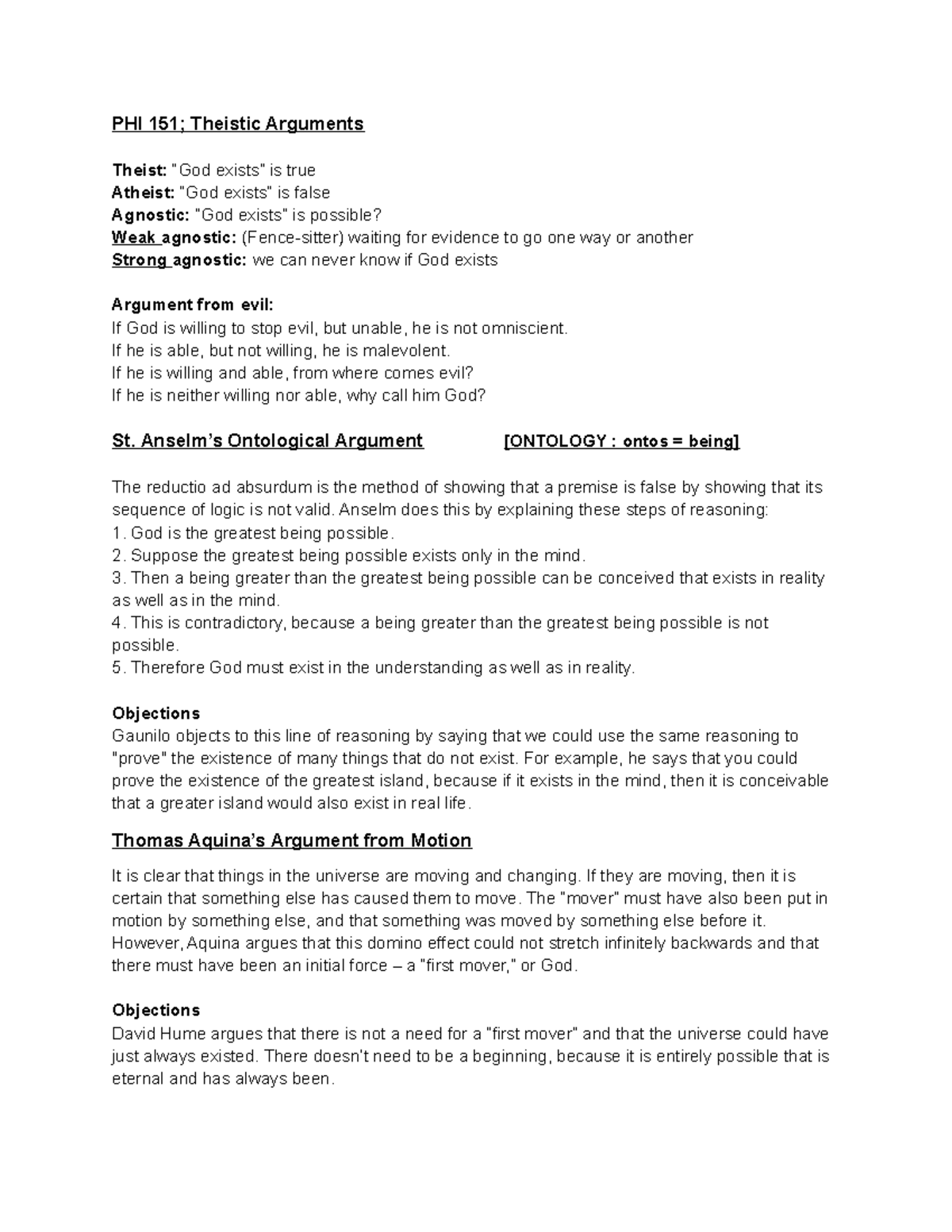 Theistic Arguments - PHI 151; Theistic Arguments Theist: “God exists ...