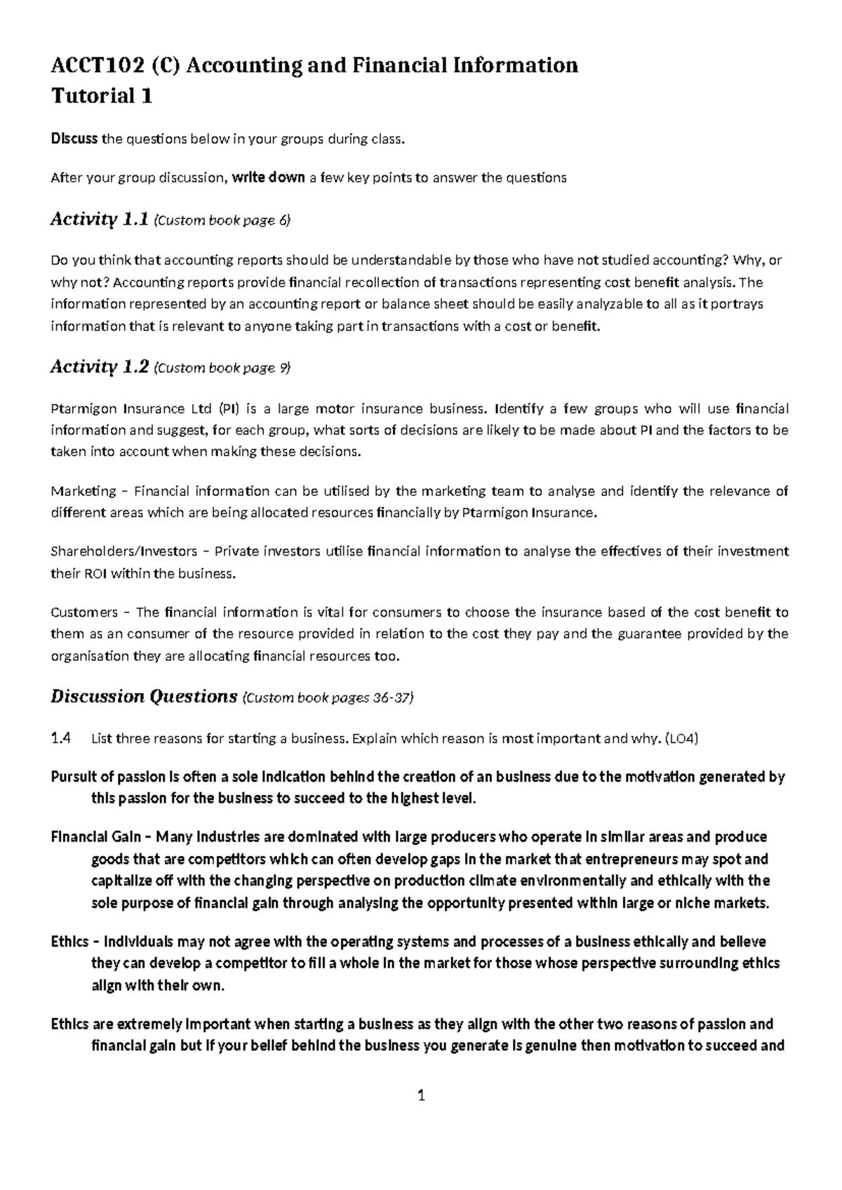 ACCT 102 TUT 1 Week 1 - ACCT102 (C) Accounting and Financial Information Tutorial 1 Discuss the ...