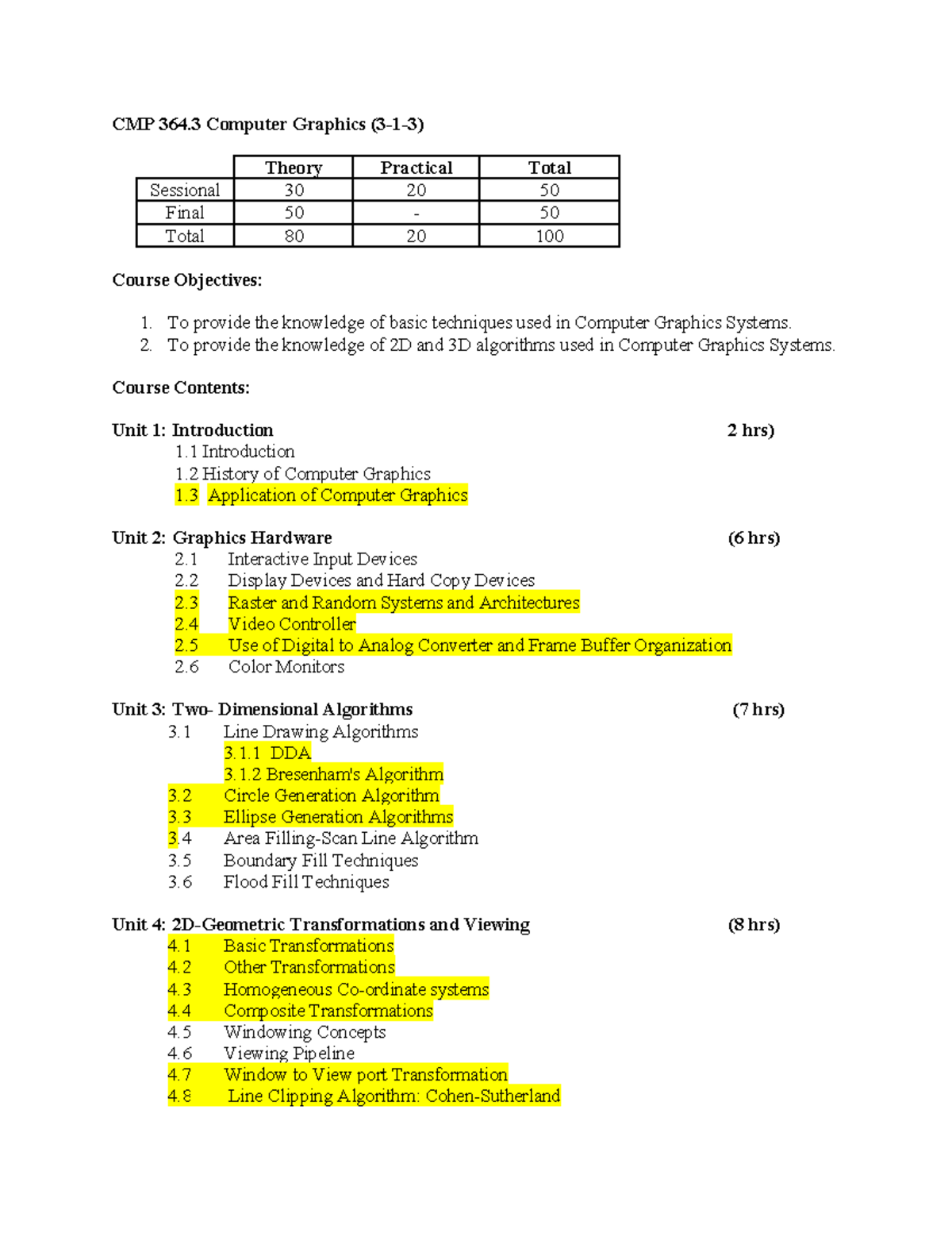Syllabus - CMP 364 Computer Graphics (3-1-3) Theory Practical Total Sessional 30 20 50 Final 50 ...